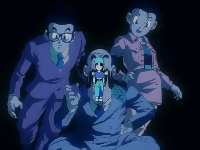 Pan, Giru, Goku y Trunks en el episodio 15 de Dragon Ball GT